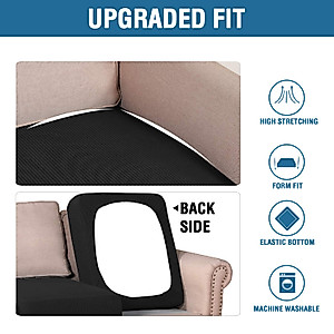 H.VERSAILTEX Super Stretch Individual Seat Cushion Covers Sofa Couch Slipcover Sets Thick Jacquard Textured Twill Fabric (3 Piece Covers, Black)