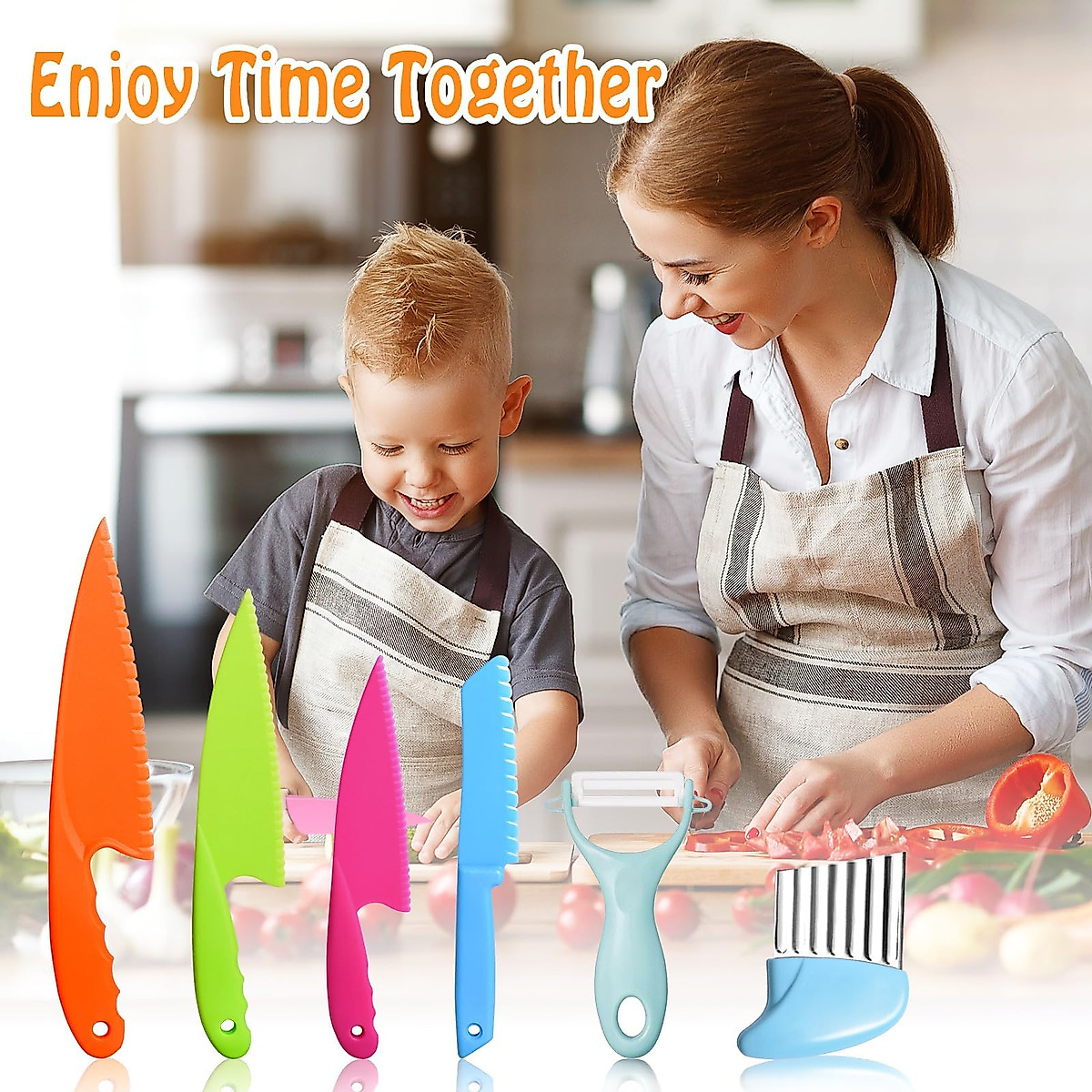 CKKAPTURE 6Pcs Plastic Knives, Knife for Kids, Kids Knife for Chopping, Kitchen Knives Child Safety Knife in 4 Sizes and Plastic Cutting Board/Paring Knife for Vegetables Fruits Salad