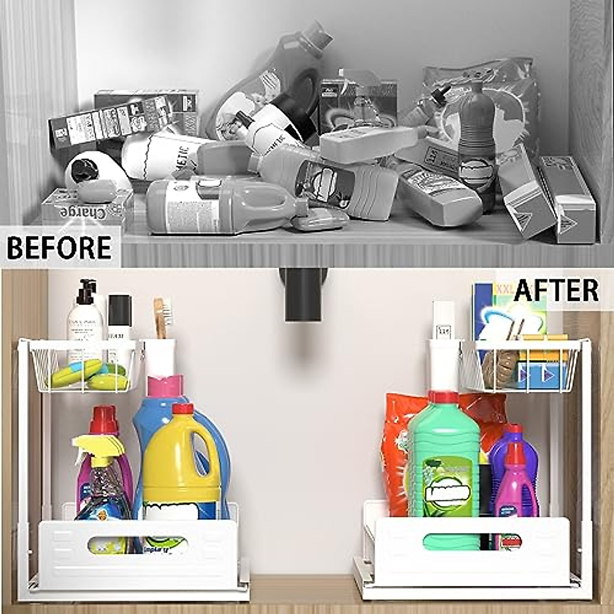 SPACEKEEPER Under Sink Organizer, 2-Tier Sliding Under Bathroom Sink Storage Pull Out Cabinet Organizer Metal Material Multi-purpose for Kitchen Bathroom, White, 2 Pack