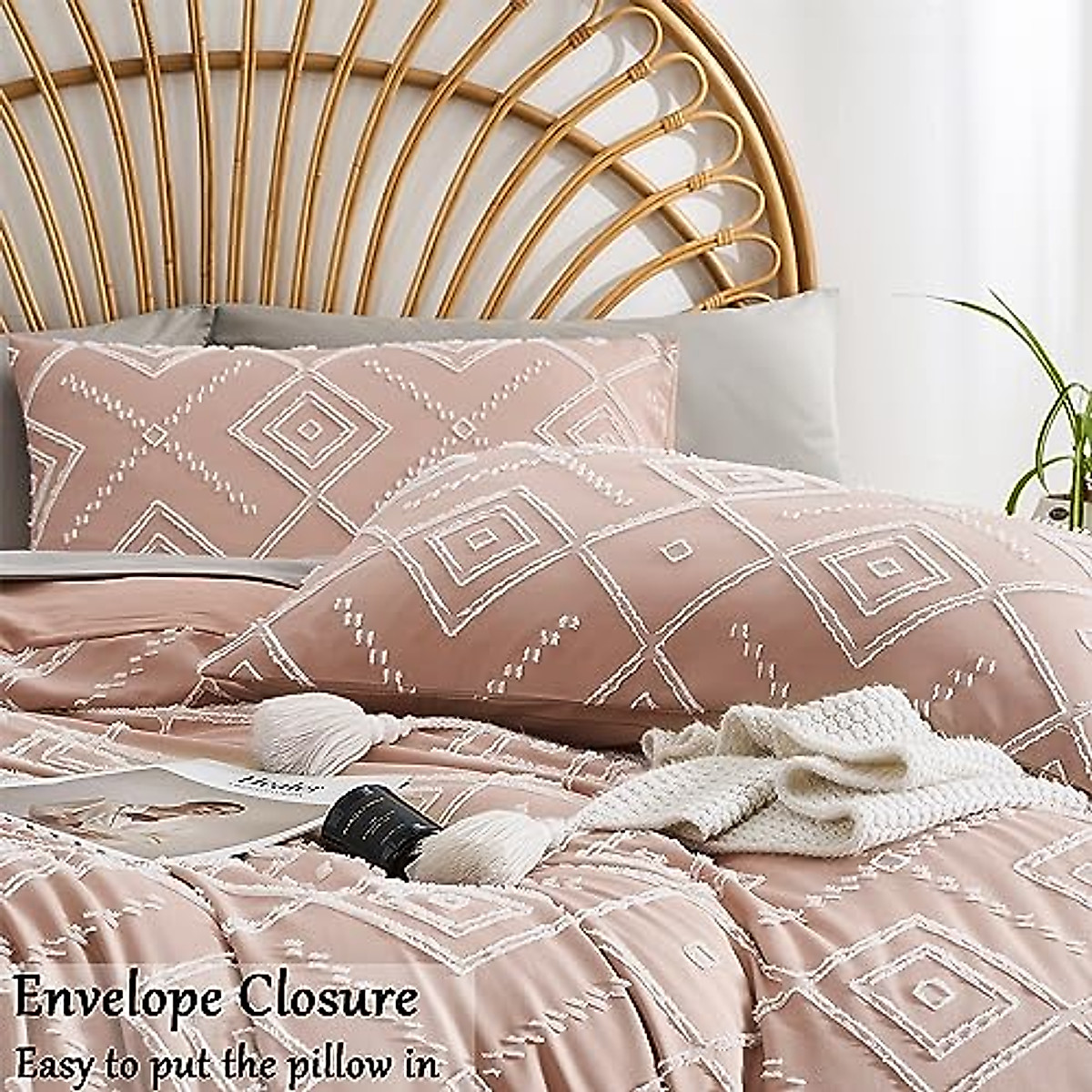 Senville Tufted Duvet Cover Queen Size,Jacquard Geometric Pattern,Soft Lightweight Pink Duvet Covers Set for All Seasons,3 Pieces Boho Shabby Chic Bedding Set with Zipper Closure(Pink,Queen)