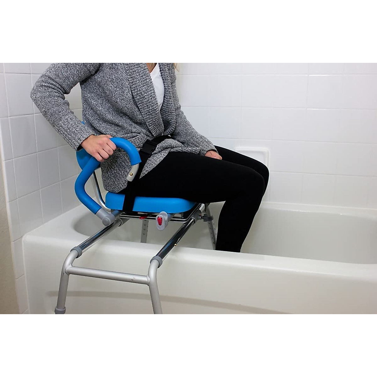 Carousel Sliding Shower Chair Tub Transfer Bench with Swivel Seat, Premium Padded Bath, with Pivoting Arms, Adjustable Space Saving Design for Tubs, Inside Shower, for Handicap & Seniors, Blue
