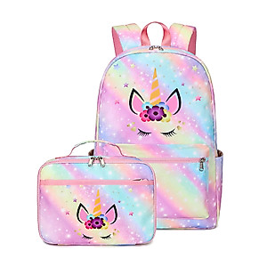UPlee Unicorn School Backpack For Girls, Kids Elementary Bookbag And Lunch Bag Set, Girls Backpack With Lunch Box,unicorns Backpack Gifts For Girls, Cute Girls Book Bag