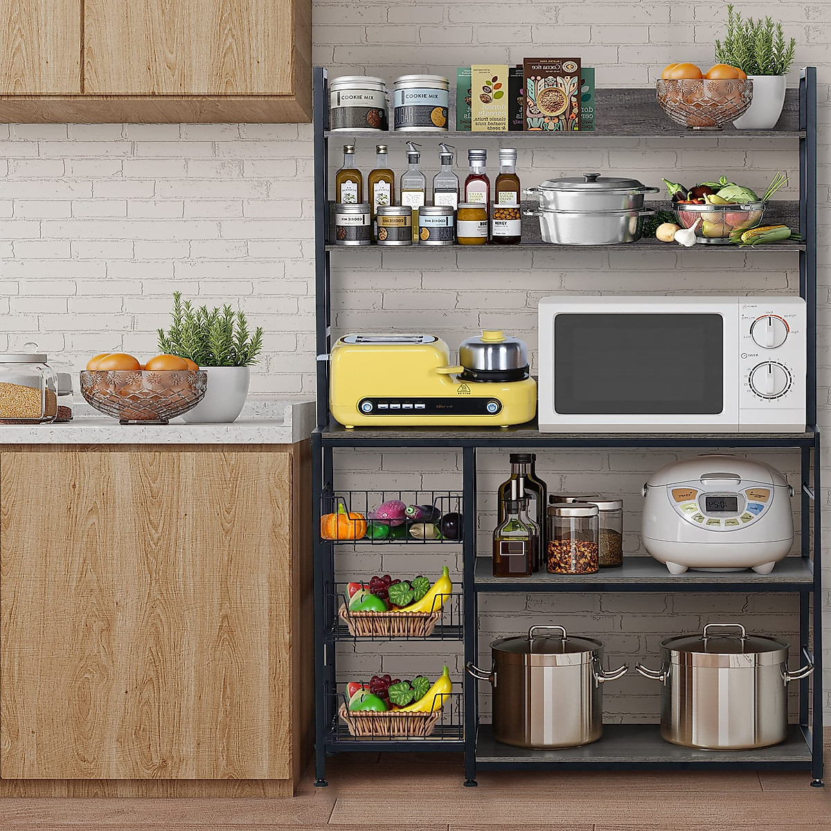 NAIYUFA Kitchen Bakers Rack with Baskets,5-Tier Kitchen Utility Storage Shelf with Hooks, Microwave Oven Stand Rack, Free Standing Kitchen Shelf Vintage Grey