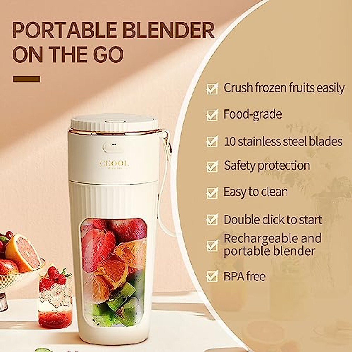 Walktosun Portable Blender,Personal Blender for Shakes and Smoothies,Mini Blender Bottle USB Rechargeable,Portable Juicer Cup with 10 Blades,12Oz Handheld Blender for Kichen Ice,Fresh Juice Blender for Traveling, Gym, Office