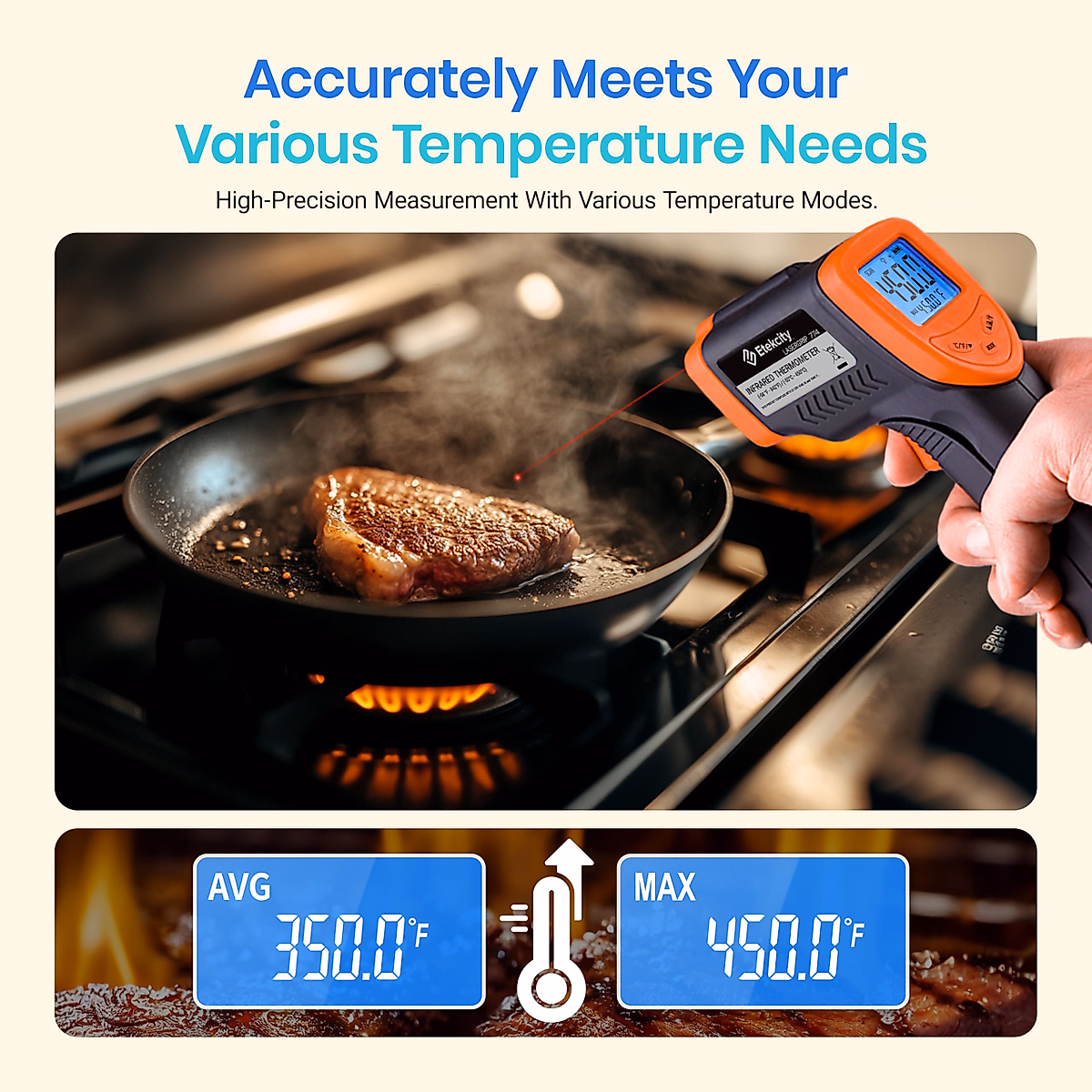 Etekcity Infrared Temperature Thermometer Gun, Laser Food Temp Gun for Pizza Oven, Griddle, Grill, Meat, Candy, Vehicle's Engine, Surface Temp Reader -58°F to 842°F, Orange