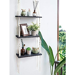 TIMEYARD Macrame Shelf Hanging Shelves, Wooden Wall Shelf with Woven Rope, Black Floating Shelves Storage Organizer, 3 Tier Shelf Boho Decor for Living Room, Bathroom, Bedroom