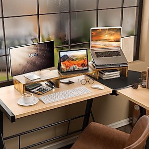 TEMI Monitor Stand Riser for 2 Monitors, Dual Monitor Riser Wood for Desk Standing, Wooden Computer Monitor Riser with Adjustable Angle and Length for Laptop, Computer, TV, PC and More (Rustic Brown)