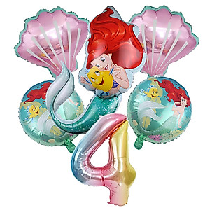 6PCS 4th Mermaid Birthday Decorations Little Mermaid Foil Balloons for Kids 4th Birthday Princess Mermaid Themed Party Decorations (Mermaid 4th Birthday)