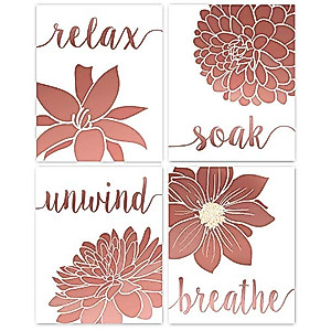 Relax Soak Unwind Breathe Rose Gold White Tone Flower Prints, 4 (8x10) Unframed Photos, Wall Art Decor Gifts Under 20 for Home Office Yoga Studio School College Student Teacher Garden Floral Fan