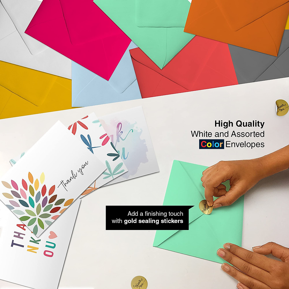 Dessie 100 Unique Thank You Cards Bulk - Blank Note Cards with 100 Different, Colorful Designs, No repetition. Colorful Envelopes, Gold Seals and Sturdy Storage Box.