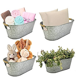 2 Pack Farmhouse Metal Galvanized Beverage Tub, Beer, Wine, Ice Holder - Ice Buckets for Parties,1.45 Gallons Rustic Vintage Storage Oval Bucket Bin - Galvanized/Cutout Handle with PE Rattan