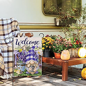 Furiaz Welcome Spring Gnome Lavender Small Decorative Garden Flag, Goldfinch Bird Yard Flower Purple Buffalo Plaid Check Home Outside Decoration, Summer Farmhouse Outdoor Decor Double Sided 12x18