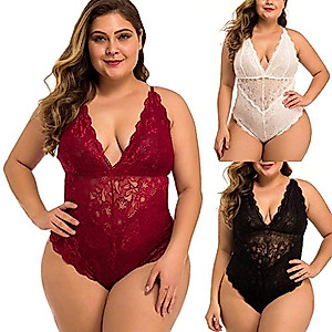 Qopobobo Sexy Lengerie for Women Naughty Women One Piece Deep V Lingerie Plus Size Lace Hollow Bodysuit Halter Sleepwear Black