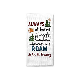 CANARY ROAD Personalized Wherever We Roam Waffle Weave Dish Towel | Personalized Kitchen Towel | Travel Trailer Gift | Camper Accessories | Personalized Dish Towel | Camper Decor