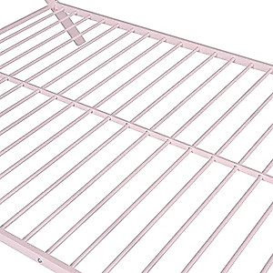 TARTOP Full Size House Bed Metal Tent Bed Frame, Floor Play House Bed Frame with Slat, Platform Bed for Kids Girls Boys, Teens No Box Spring Needed,Pink