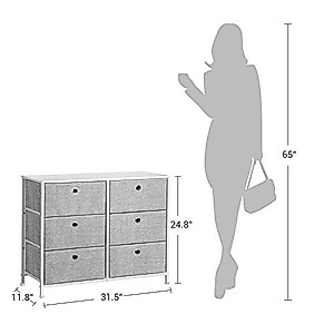 SONGMICS 3-Tier, Storage Dresser with 6 Easy Pull Fabric Drawers and Wooden Tabletop for Closets, Nursery, Dorm Room, 31.5" L x 11.8" W x 24.8" H, Light Grey and White ULTS23W