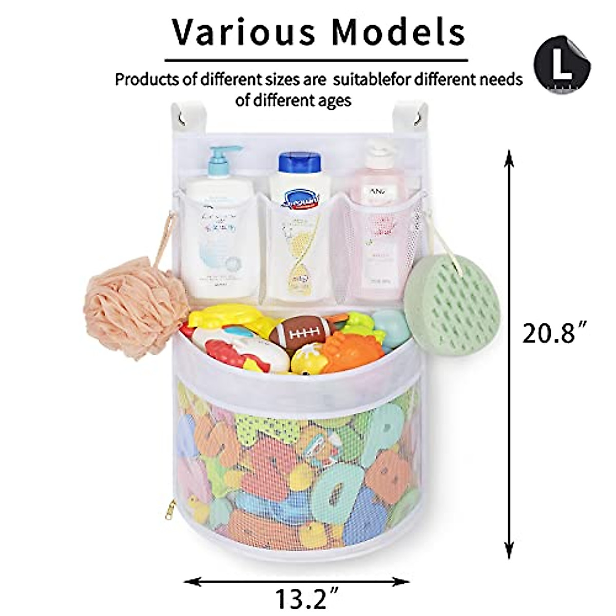 Baby Bath Toy Organizer, quick drying， and mould proof, Multiple-Suspension Bath Toy Holder, Large Capacity Multi Use Bathtub Toy Storage Bag（1 Large, White）