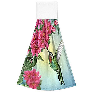 YYZZH Hummingbird Bird Floral Print Red Apple Flower Blue Sky Kitchen Hand Towels with Hook & Loop Set of 2 Absorbent Bath Hand Towel Hanging Tie Towel