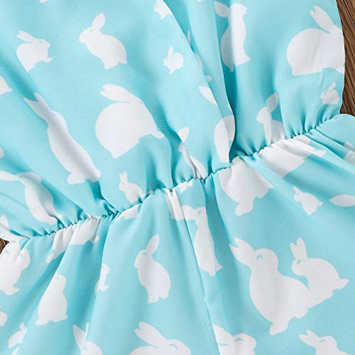Flashing boy One-Piece Toddler Kid Baby Girl Easter Outfit Bowknot Strap Romper Ruffle Bunny Print Jumpsuit Headband (Blue-Rabbit, 3-4 Years)