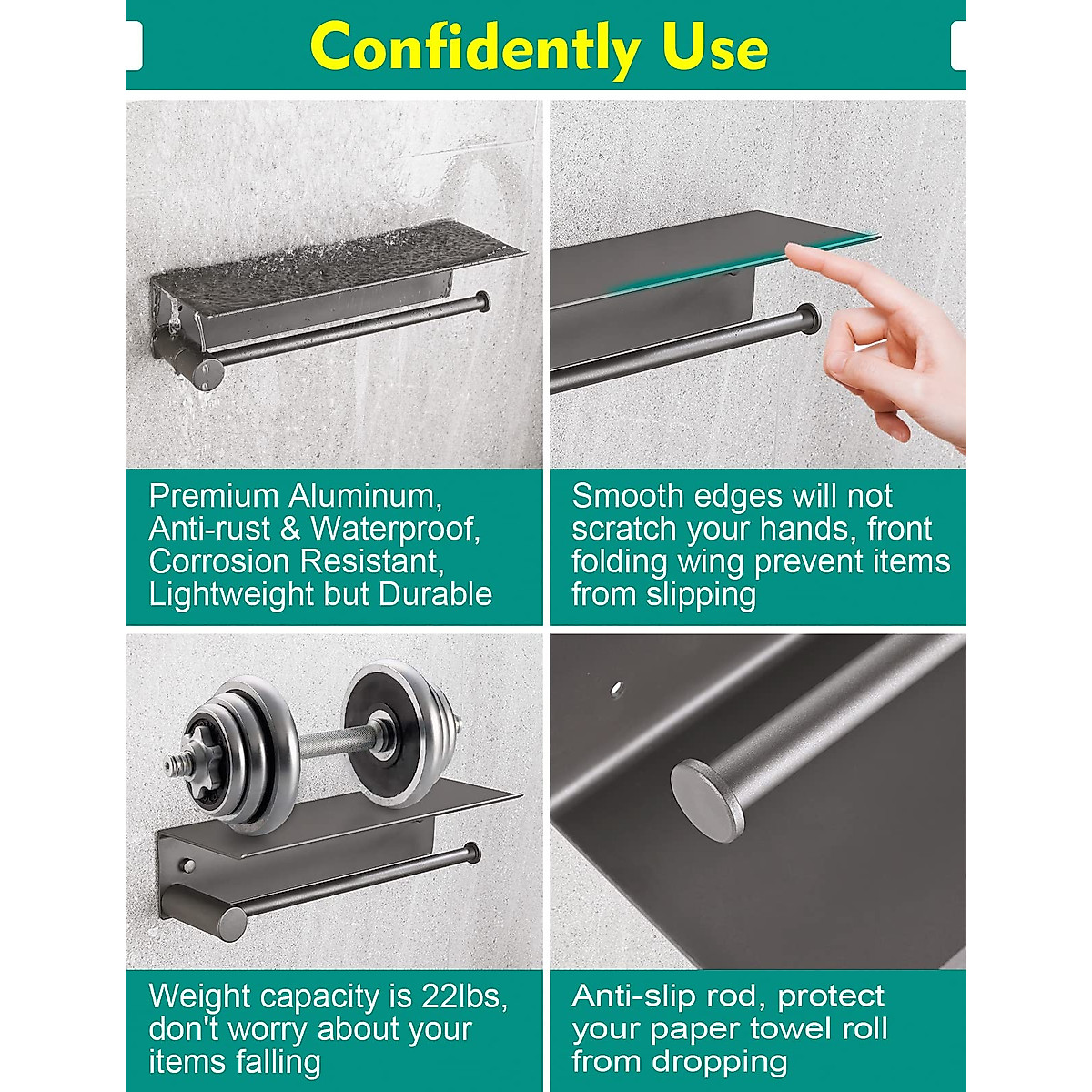 Paper Towel Holder for Kitchen - TDYU Wall Mount Paper Towel Holder with Shelf Under Cabinet, Rustproof Aluminum, Lightweight but Durable, Both Available in Adhesive & Screws (Gray)