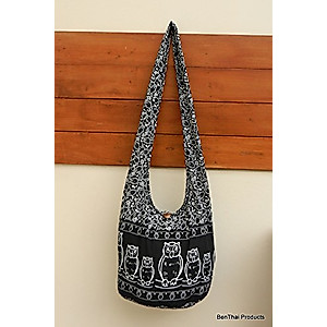 BTP! Owl Hippie Boho Sling Cross body Bag Shoulder Messenger Purse Large (Black OF11)