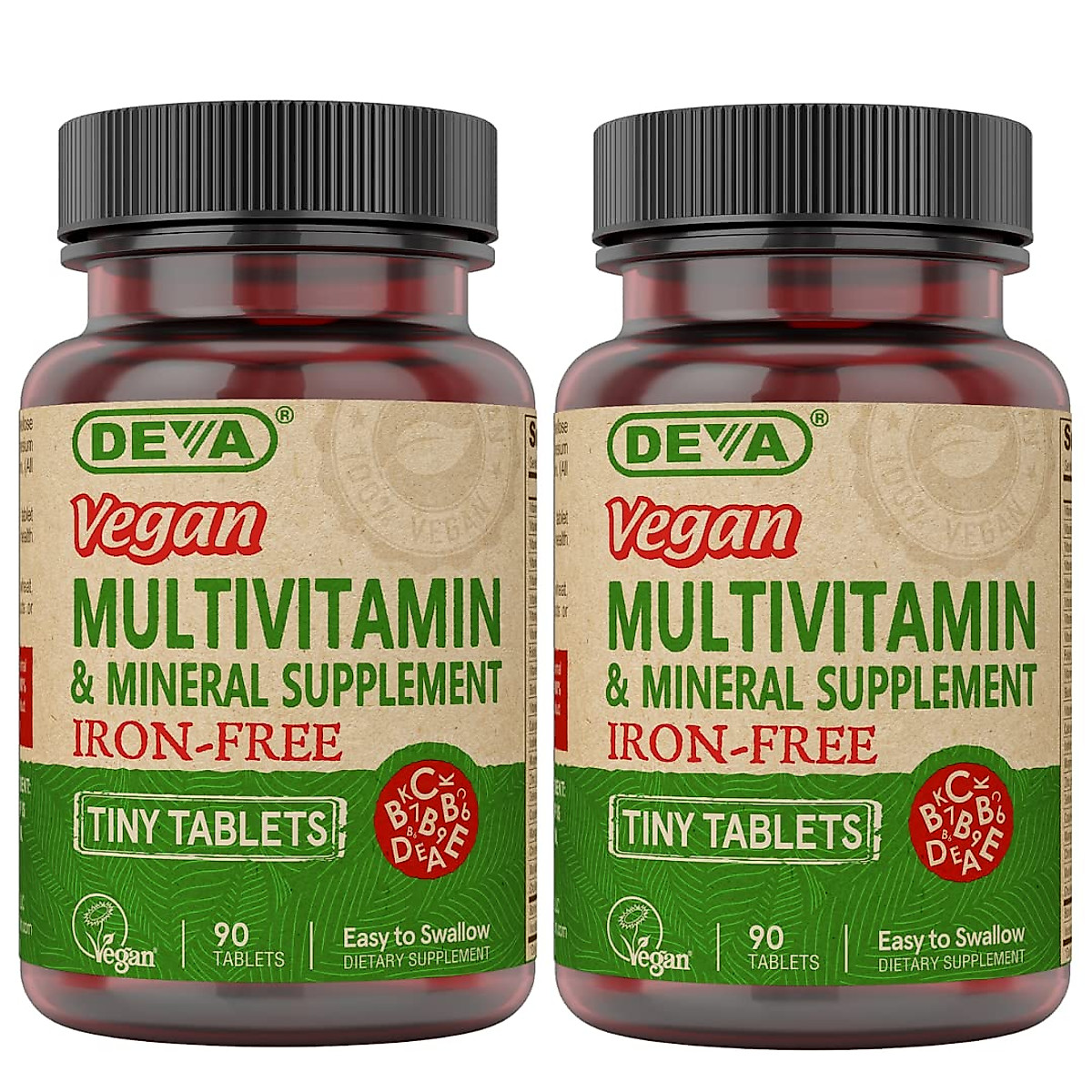 DEVA Tiny Tablets Vegan Multivitamins for Women & Men, Multivitamin Iron Free, Mineral Supplement, Vitamin C, Vitamin B Complex, Vitamin B12, Vitamin E, Zinc, Gluten free (2 Pack - 90 Tablets Ea)