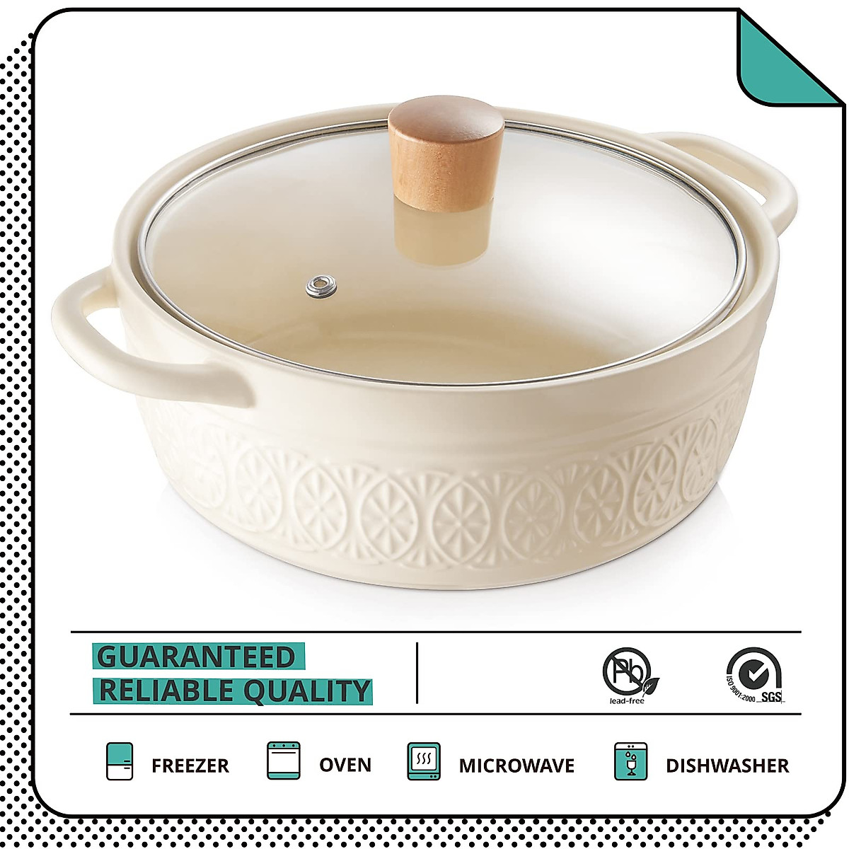 LIFVER Casserole Dish with Lid, 2.3 Quart Ceramic Roasting Pan, Farmhouse Bakeware with Cover, Round Cookware Bakeware, Microwave, Oven, Fridge and Dishwasher Safe, Off White