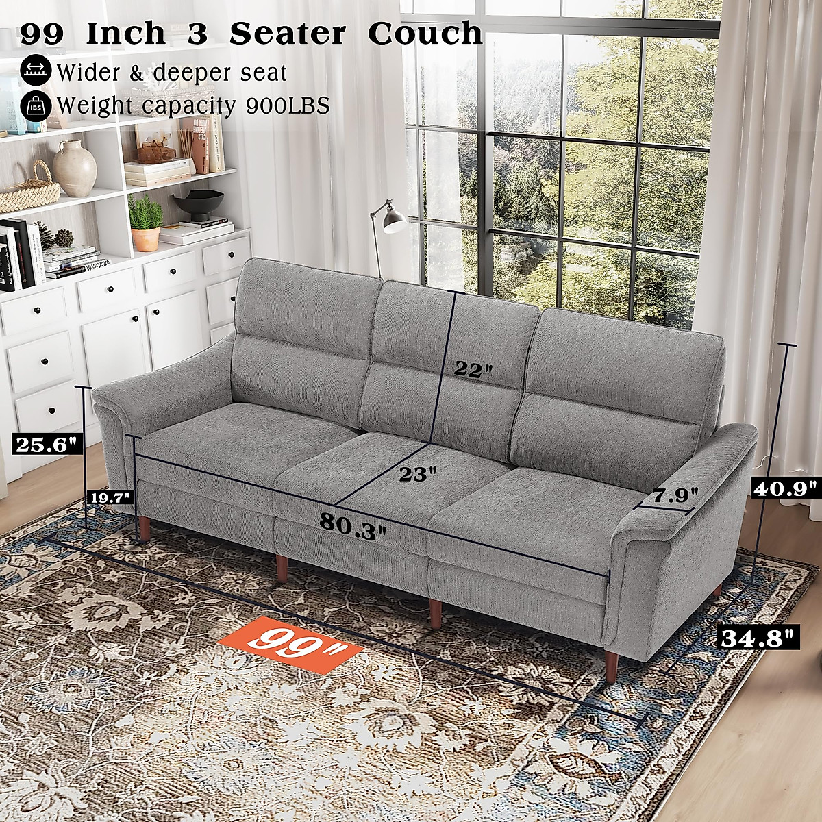 Hanherry 99" Modular Sectional Sofa Couch for Living Room, Comfy 3-Seater Chenille Fabric Couch, Curved Wide Armrest, High Backrest,Wide and Deep Seat, Upholstered Couch & Removable Cover