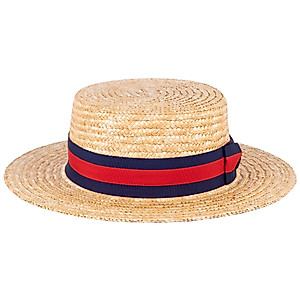 ZAKIRA Classic Straw Boater Hat Handmade from Natural Straw (Navy-Red Band, M)