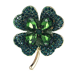 Rhinestone Green Clover Leaf Brooch Pin for Women Girls Unisex Gold Plated Vintage Crystal Flower Brooches Lapel Pins Lucky Decor Dress Accessories St Patrick's Day Holiday Christmas Jewelry Gift