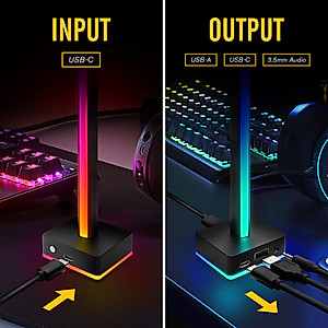 EZDIY-FAB USB LED Light Bar Headphones Stand, Desktop Atmosphere RGB Backlight,50 Built-in Color Modes, Headphone Holder for Gamers Gaming PC PS5 Accessories Desk- Black- 1 Pack