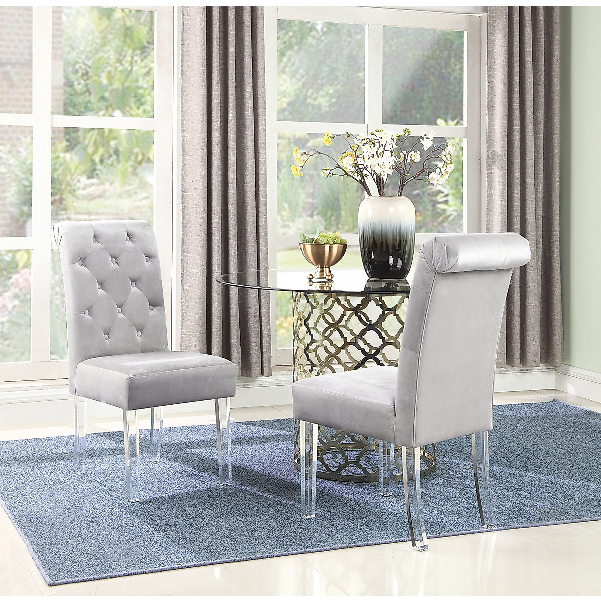 Iconic Home Sharon Dining Side Chair Button Tufted Velvet Upholstered Acrylic Legs (Set of 2) Modern Contemporary, Silver