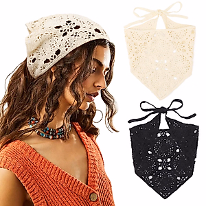 DRESHOW Floral Crochet Hair Bandana 2 PCS Tie Knotted Headscarf Vintage Headband Knitted Head Kerchief for Women&Girls