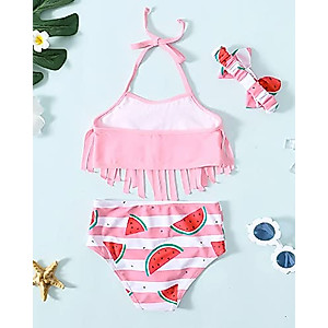 4T Toddler Girl Swimsuit Little Kids Triangle Bikini Tassel Halter Tankini Top 2pc Watermelon Bathing Suit 4T 5T Swimsuit for Girls Light Pink