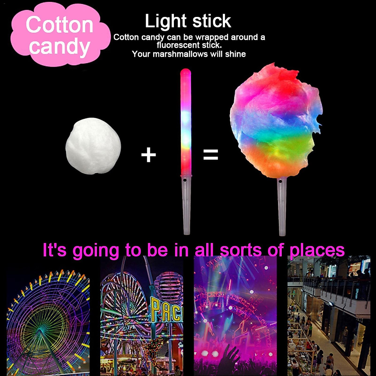 PURULEMCN 4 Pcs LED Cotton Candy Cones Reusable Cotton Candy Sticks LED Glowing Cotton Candy Cones for Cotton Candy Maker and Any Type 4PCS