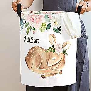 SunFancy Girls Floral Deer Personalized Laundry Basket Clothes Hamper with Handles Waterproof,Custom Collapsible Laundry Storage Baskets for Bedroom,Bathroom Decorative Large Capacity, One Size