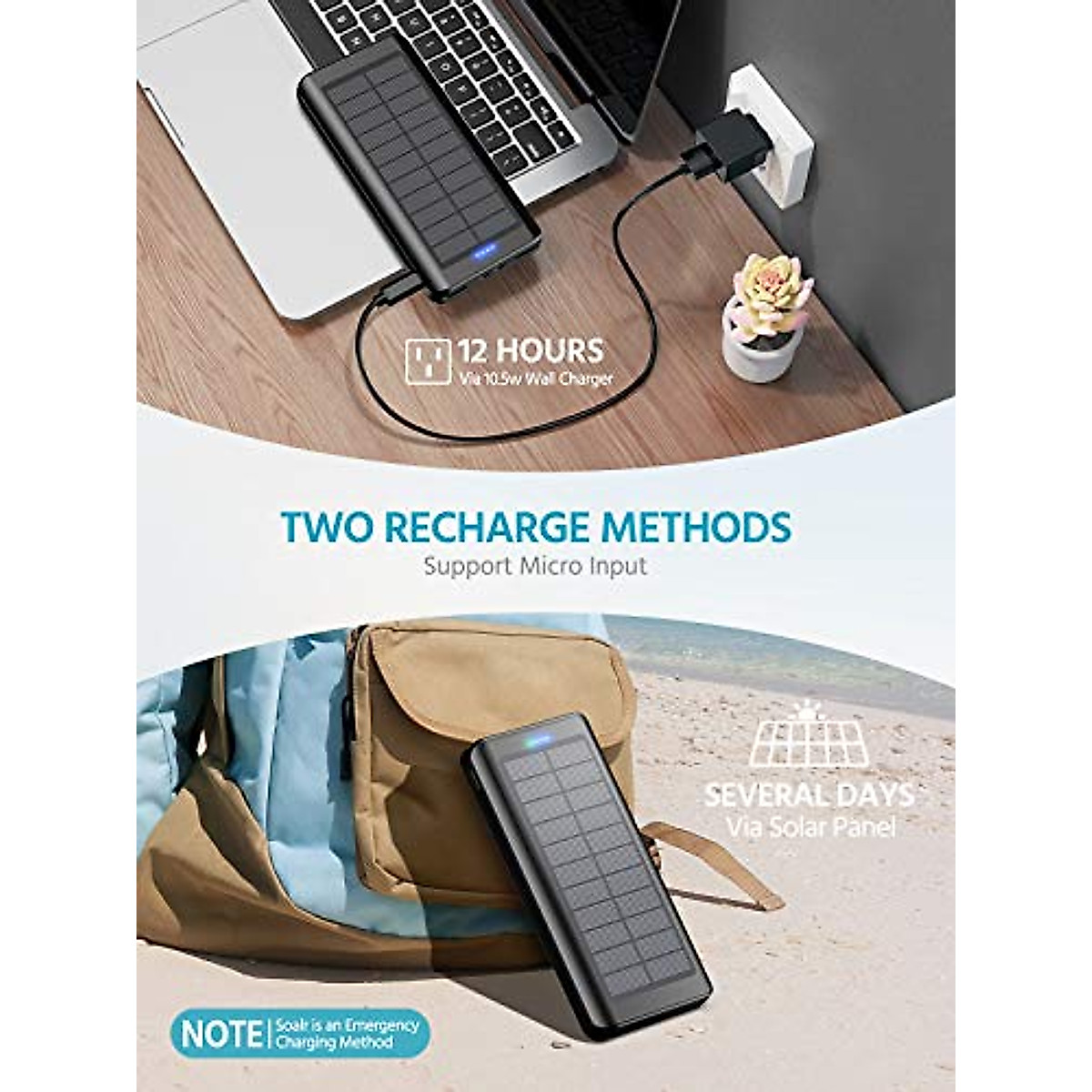 Solar Charger 30000mAh - YPWA Solar Power Bank 2 Output with LED Flashlight for iPhone,Android and Outdoor Camping(1pcs)