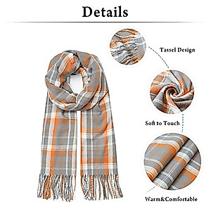 VANLINKER Soft Winter Warm Scarfs for Women Cashmere Feel Large Scarf Classic Camel Plaid Fashion Poncho Long Shawls Grid Wraps Scarves VL9307 Grey Orange