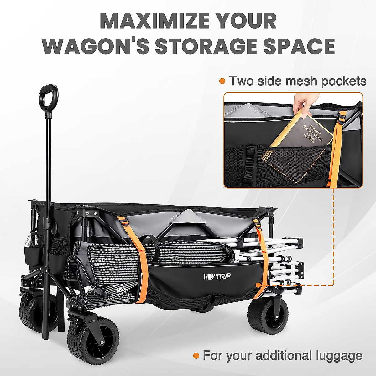 HEYTRIP Collapsible Wagon Beach Wagon Cart Heavy Duty with Big Wheels for Sand, Utility Wagon with 200L Capacity & 286LBS Load-Bearing, Side Pocket and Brakes for Shopping Camping Garden