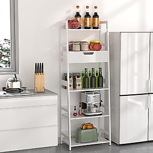 Bookshelf with Drawer, 5 Tiers Bamboo Bookcase Book Shelf Storage Organizer Modern ladder Shelf Display Stand Shelving Unit Tall Book Shelf Corner Rack for Home Office,Living Room,Kitchen,Bedroom,Toy