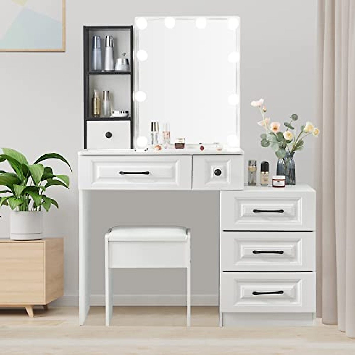 Kkonetoy Modern Makeup Vanity Desk with Lights and Table Set, White Vanity Table Set with Drawers & Cushioned Stool for Bedroom, Dresser Dressing Table for Girls