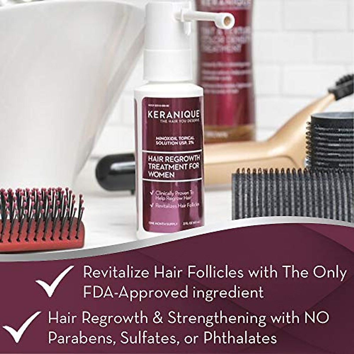 Keranique Hair Regrowth Treatment Extended Nozzle Sprayer - 2% Minoxidil, 30 Day Supply - Regrow Thicker-Looking Hair, Helps Revitalize Hair Follicles, 2 Fl Oz (Pack of 1)