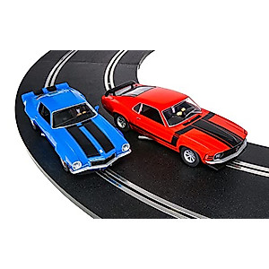 Scalextric American Street Duel 1970's Camaro vs. Mustang 1:32 Slot Car Race Track Set C1429T, Blue & Red