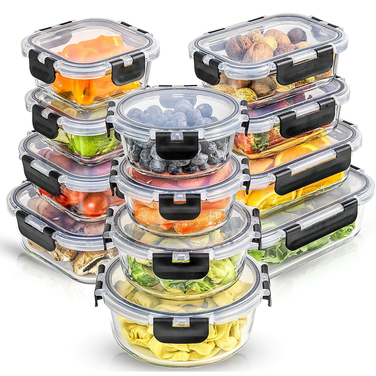 JoyFul by JoyJolt 24pc Borosilicate Glass Storage Containers with Lids. 12 Airtight, Freezer Safe Food Storage Containers, Pantry Kitchen Storage Containers, Glass Meal Prep Container for Lunch