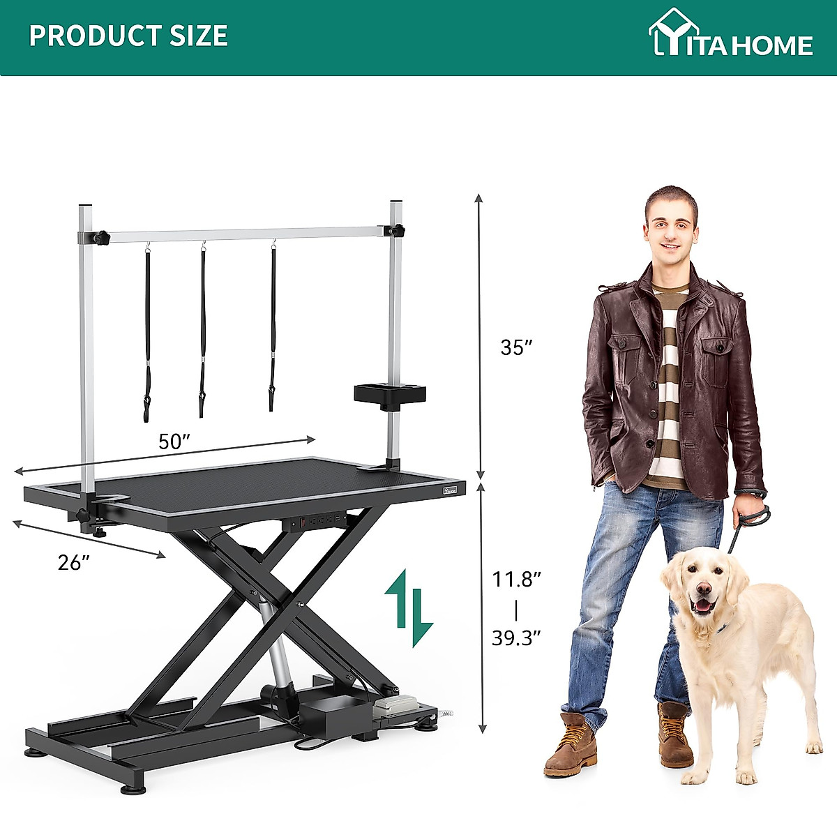 YITAHOME 50" Professional Electric Dog Grooming Table, Heavy Duty Pet Grooming Table for Dogs at Home w/Aluminum Dog Grooming Arm, Anti Slip Tabletop & Tool Organizer Large Pet Grooming Station Black