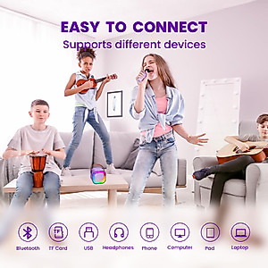 IROO Mini Karaoke Machine for Kids, Easter Busket Birthday Gifts Toys for Girls Boys Friends Age 3-12+, Portable Bluetooth Speaker with 2 Wireless Mics, Karafun Premium Songs Family Party(Purple)