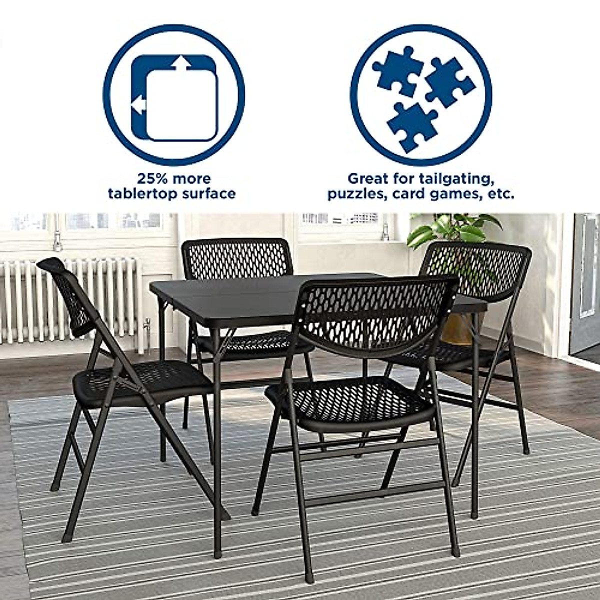 COSCO XL 38.5" Fold-in-Half Card Table w/ Handle, Black, Indoor & Outdoor, Portable, Wheelchair Accessible, Camping, Tailgating, & Crafting Folding Table