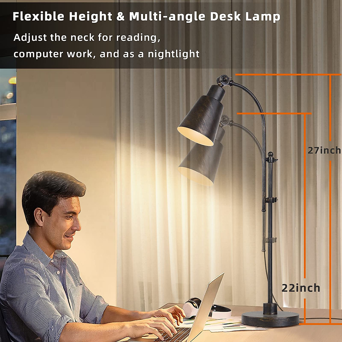 LALISU Metal Desk Lamp Rustic Task Lamp Black Adjustable, Industrial Style Lamp with On/Off Switch, Vintage Work Lamp, Reading Lamp for Bedroom, Study Room &Office, ETL Certificate. (Black)