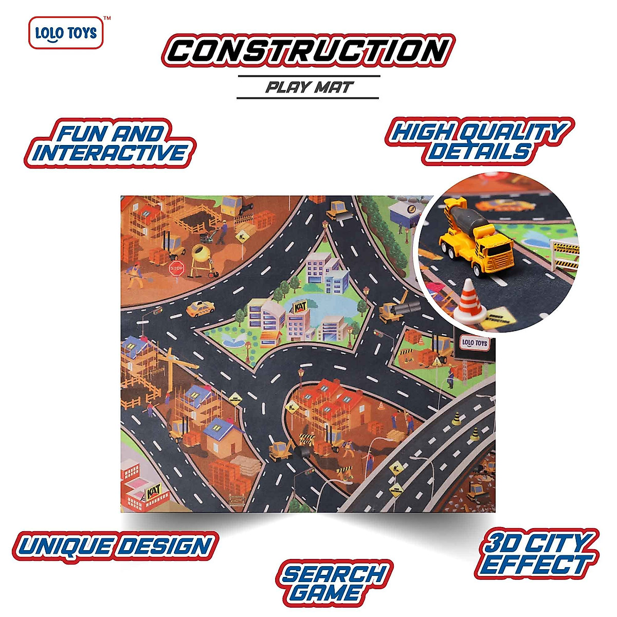 LOLO TOYS 20-Piece Construction Truck & Road Play Mat Set: Toy Construction Vehicles & Costume with Hat for Boys & Girls, Includes 5 Small Metal Diecast Construction Vehicle Toys & Search Game