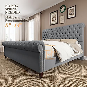 PaPaJet Bed Frame Queen Size with Headboard and Footboard, Velvet Upholstered Sleigh Bed, Deep Button Tufted, No Box Spring Needed, Grey
